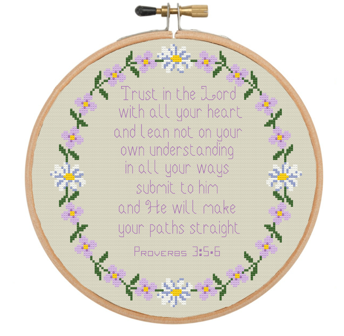 Purple Floral Wreath – Proverbs 3:5-6 Cross Stitch Pattern – Craft Hatchery
