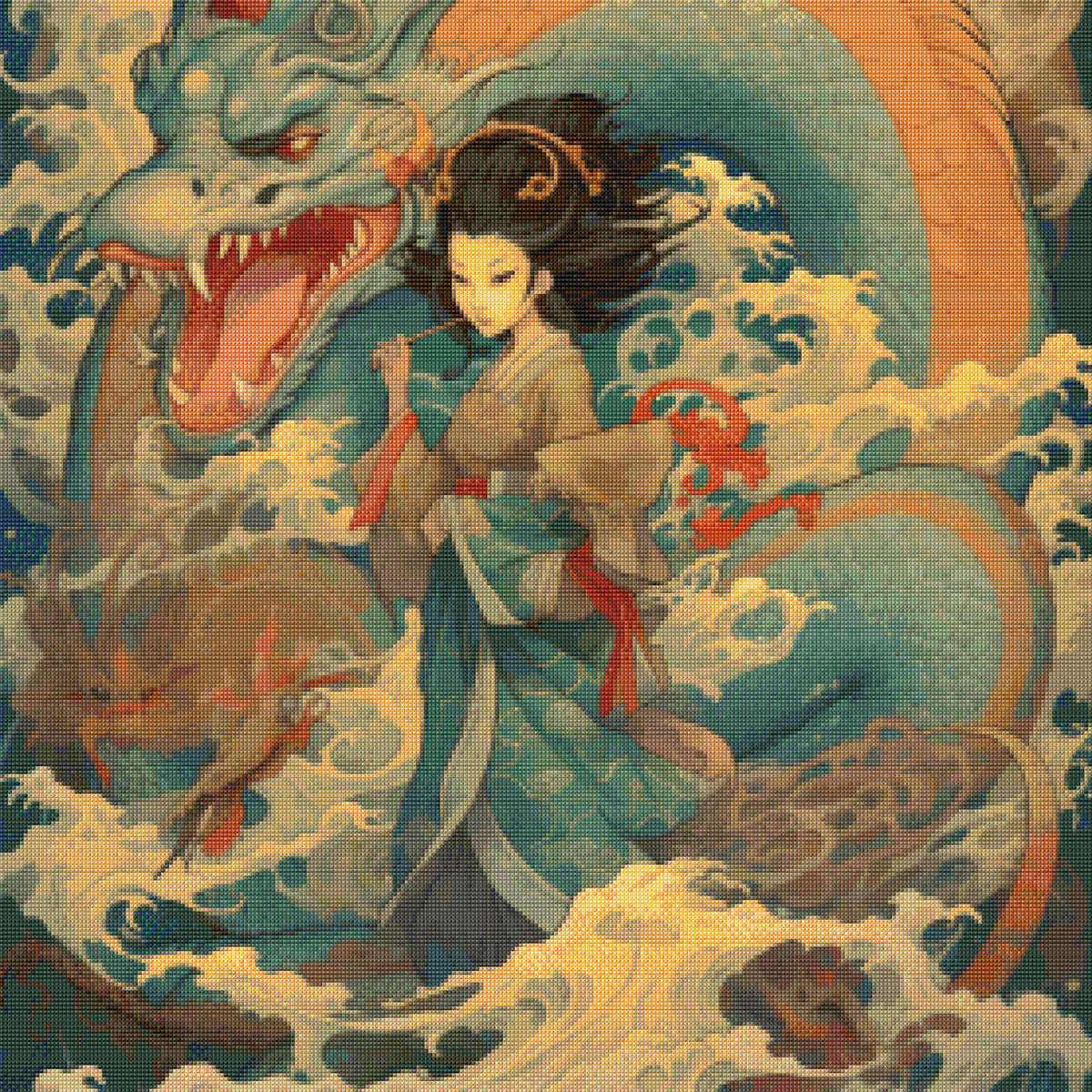 Anime Geisha with Chinese Dragon Cross Stitch Pattern – Craft Hatchery