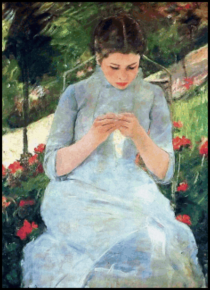 Young Woman Sewing in a Garden - Mary Cassatt Cross Stitch Pattern ...